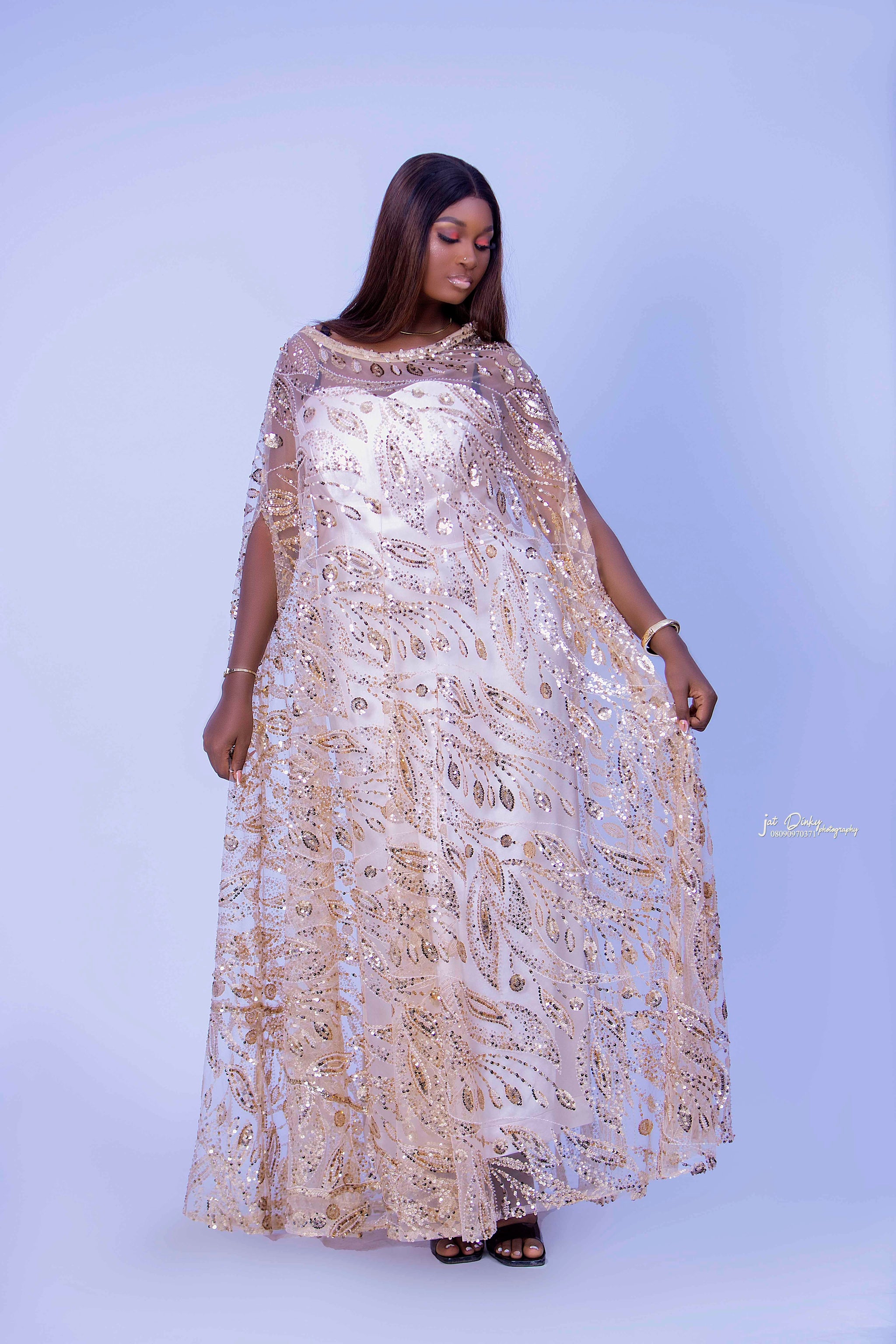 Gold Beaded Boubou Dress UK| African Lace Maxi Gold | DerightFS